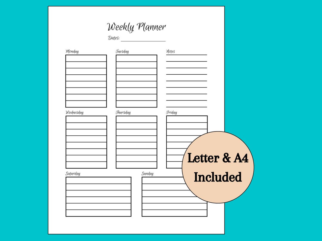 Weekly Planner Printable Page, Digital Download, Worksheet, Print and ...