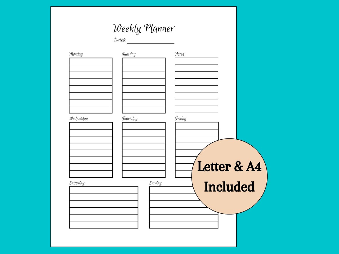 Weekly Planner Printable Page, Digital Download, Worksheet, Print and ...