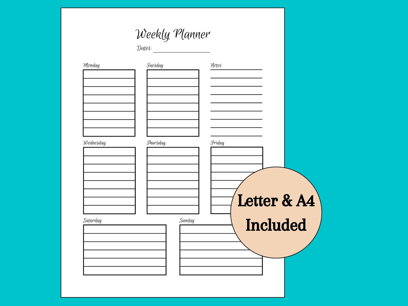 Weekly Planner Printable Page, Digital Download, Worksheet, Print and ...