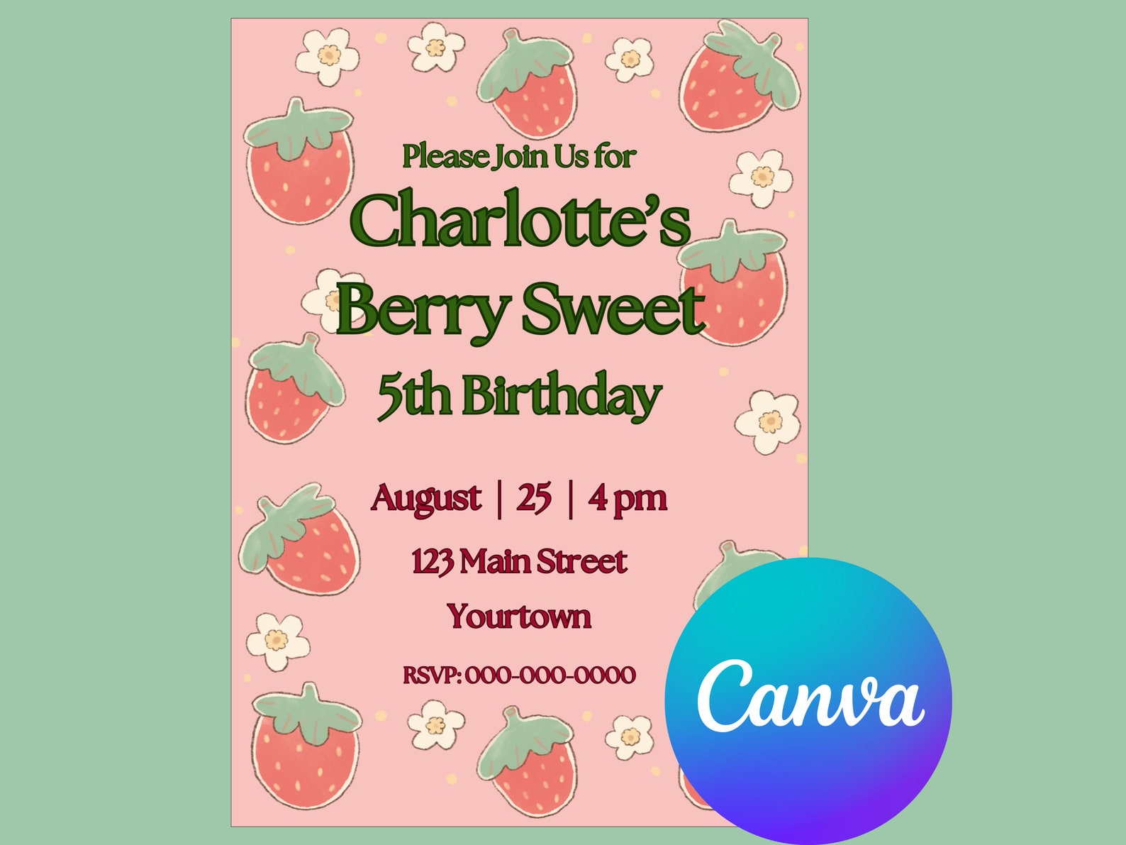 Strawberry Birthday Party Invitation, Berry Sweet Theme, Editable Canva ...