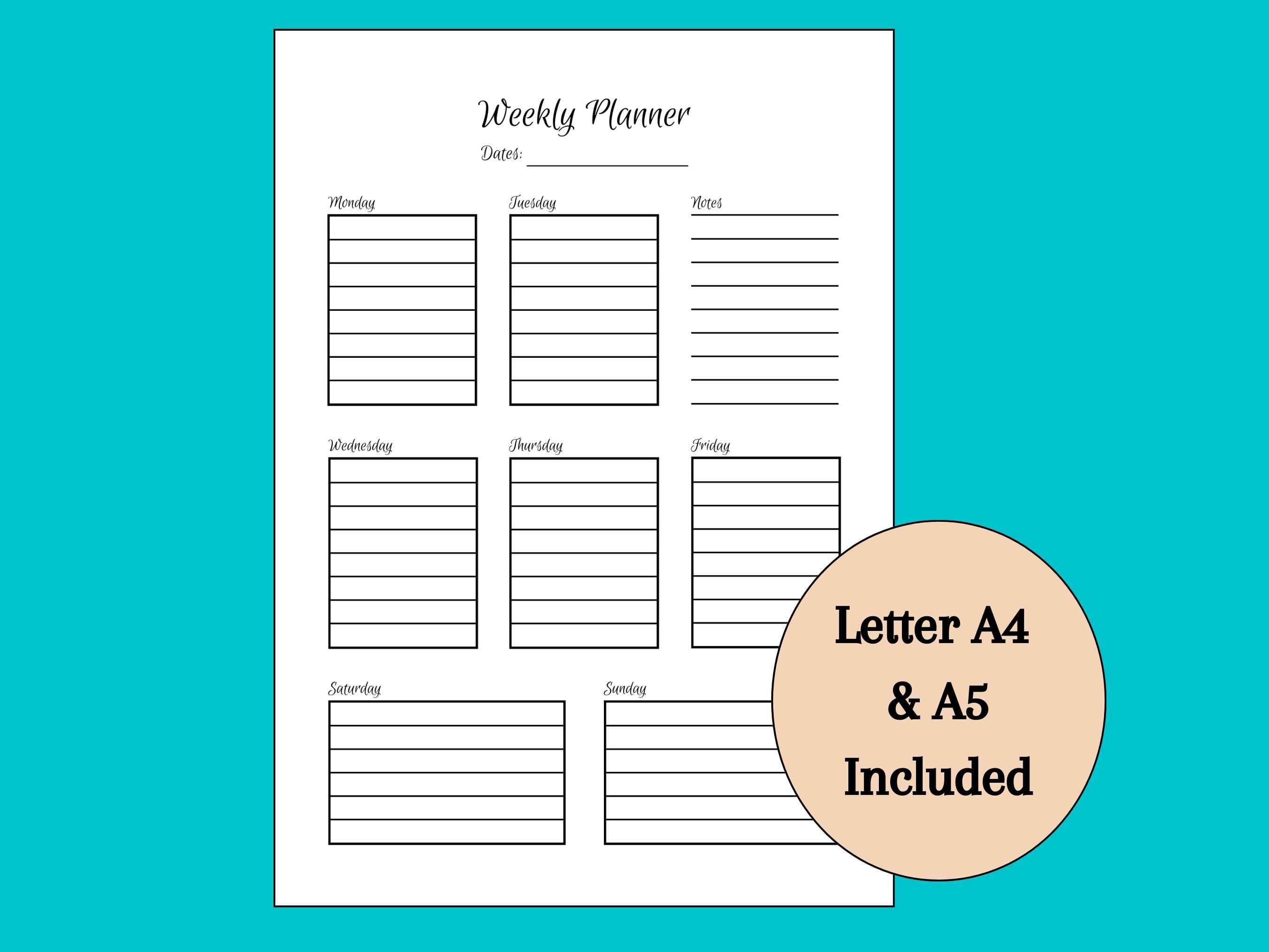 Weekly Planner Printable Page, Digital Download, Worksheet, Print and ...
