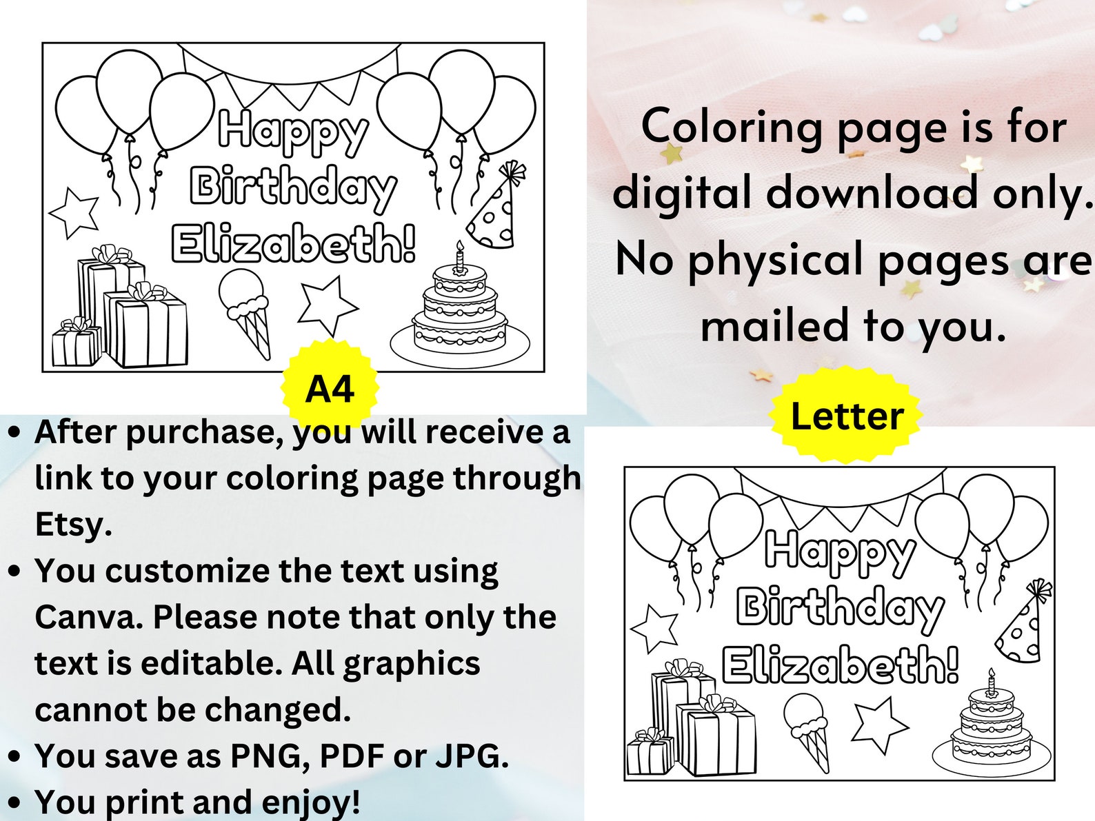 Editable Happy Birthday Coloring Page, Printable Kids Activity, Canva ...