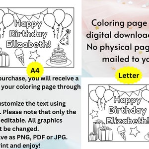 Editable Happy Birthday Coloring Page, Printable Kids Activity, Canva ...