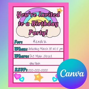 Rainbow Birthday Party Invitation, Editable Canva, Instant Digital ...