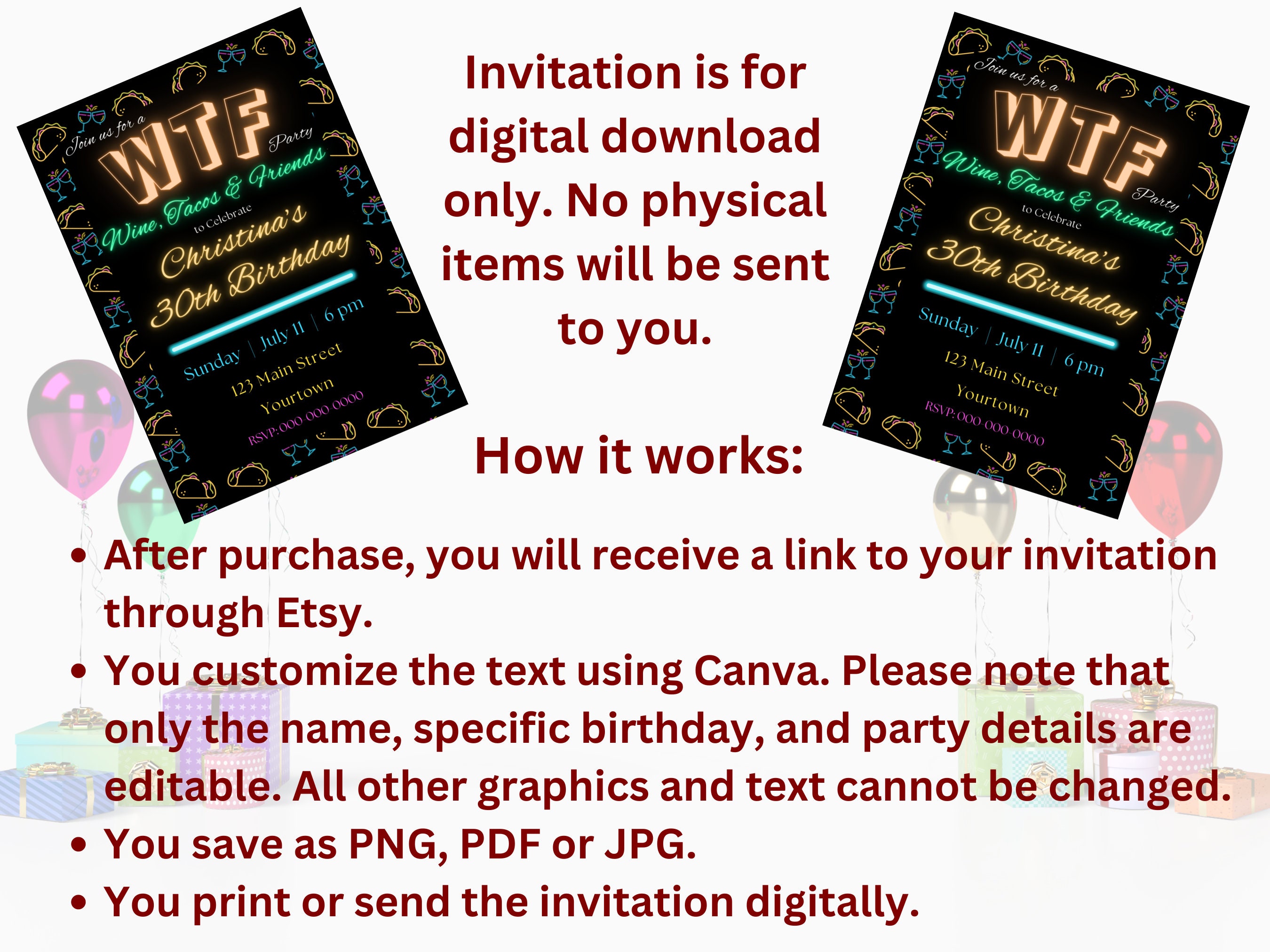 WTF Birthday Party Invitation, Wine Tacos Friends, Editable Canva ...