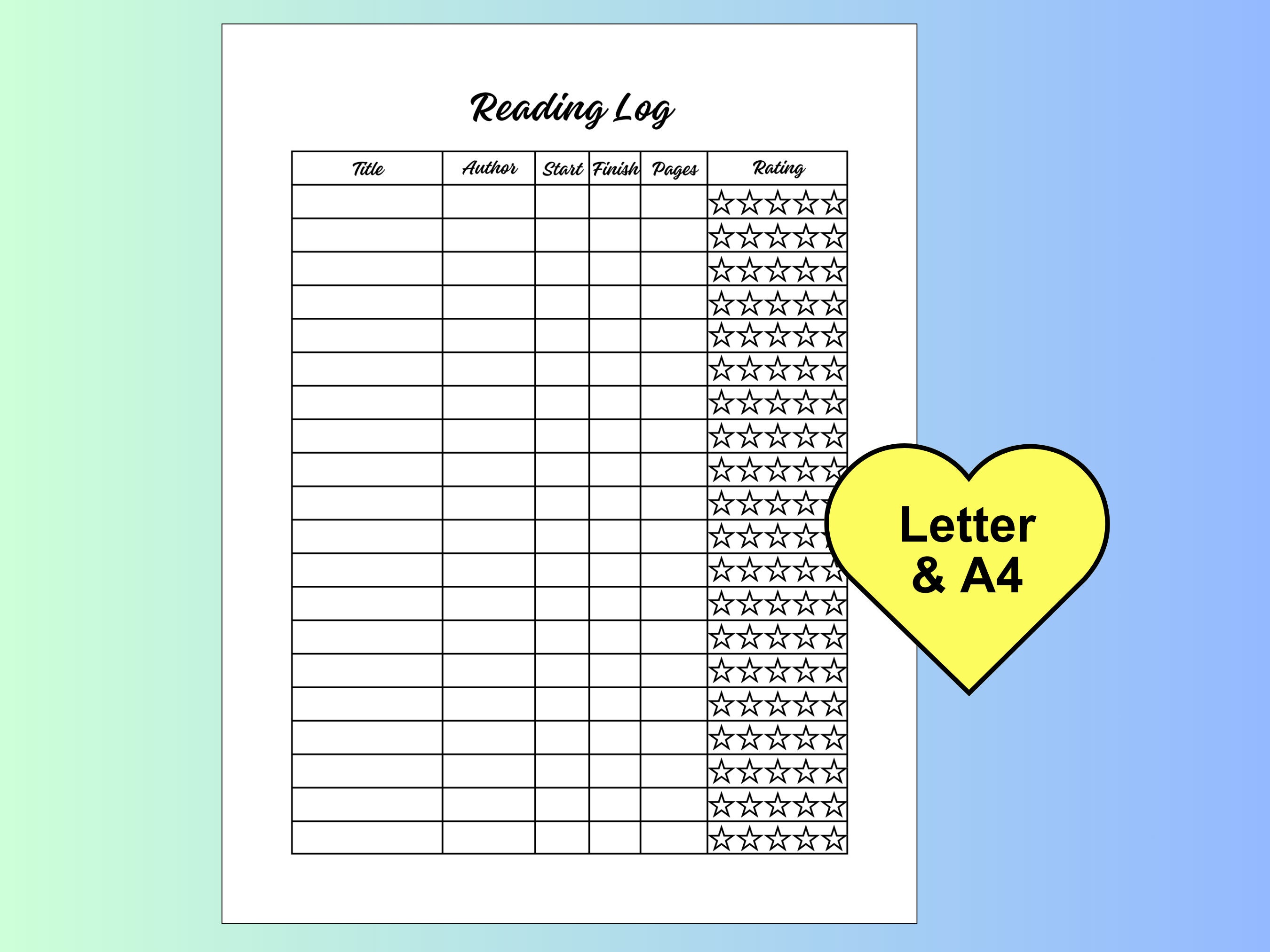 Reading Log and Review Printable, 20 Books, Digital Download, Page ...
