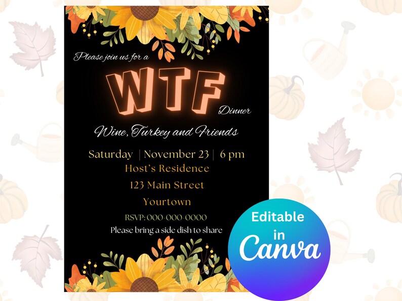 WTF Friendsgiving Dinner Invitation, Editable Canva Template Link ...