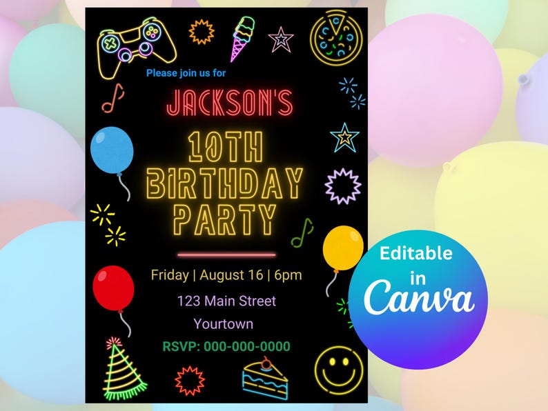 Editable Neon Birthday Party Invitation, Canva Template, Digital ...