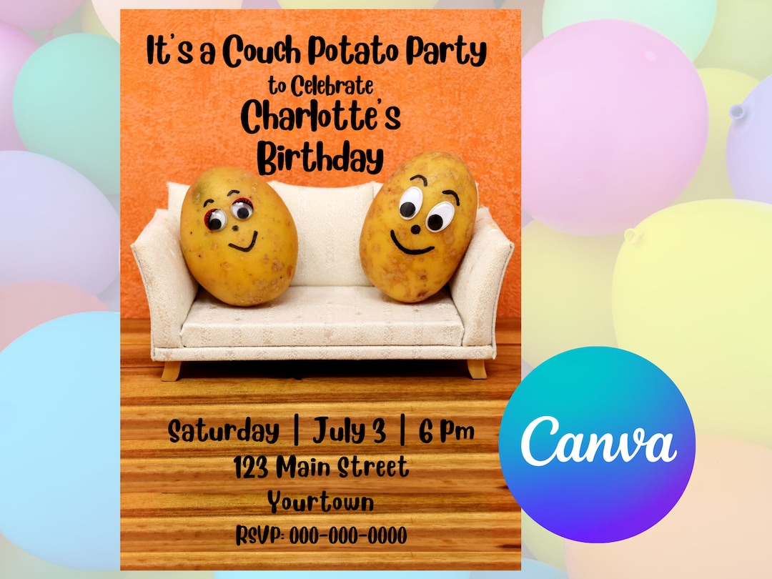 Couch Potato Birthday Party Invitation, Editable Canva, Digital ...