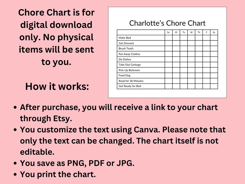 Chore Chart Editable, Printable, 7 Days, 10 Activities, Canva Template ...