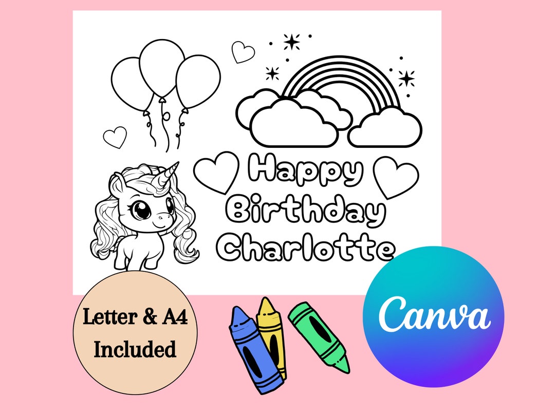 Happy Birthday Editable Coloring Page, Unicorn Rainbow, Digital ...