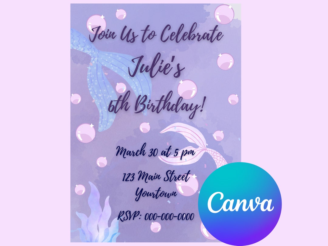 Mermaid Tail Birthday Party Invitation, Editable Canva, Digital ...