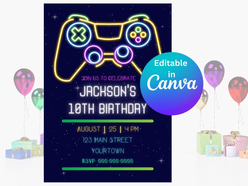 Video Game Birthday Party Invitation, Gamer Controller, Editable Canva ...