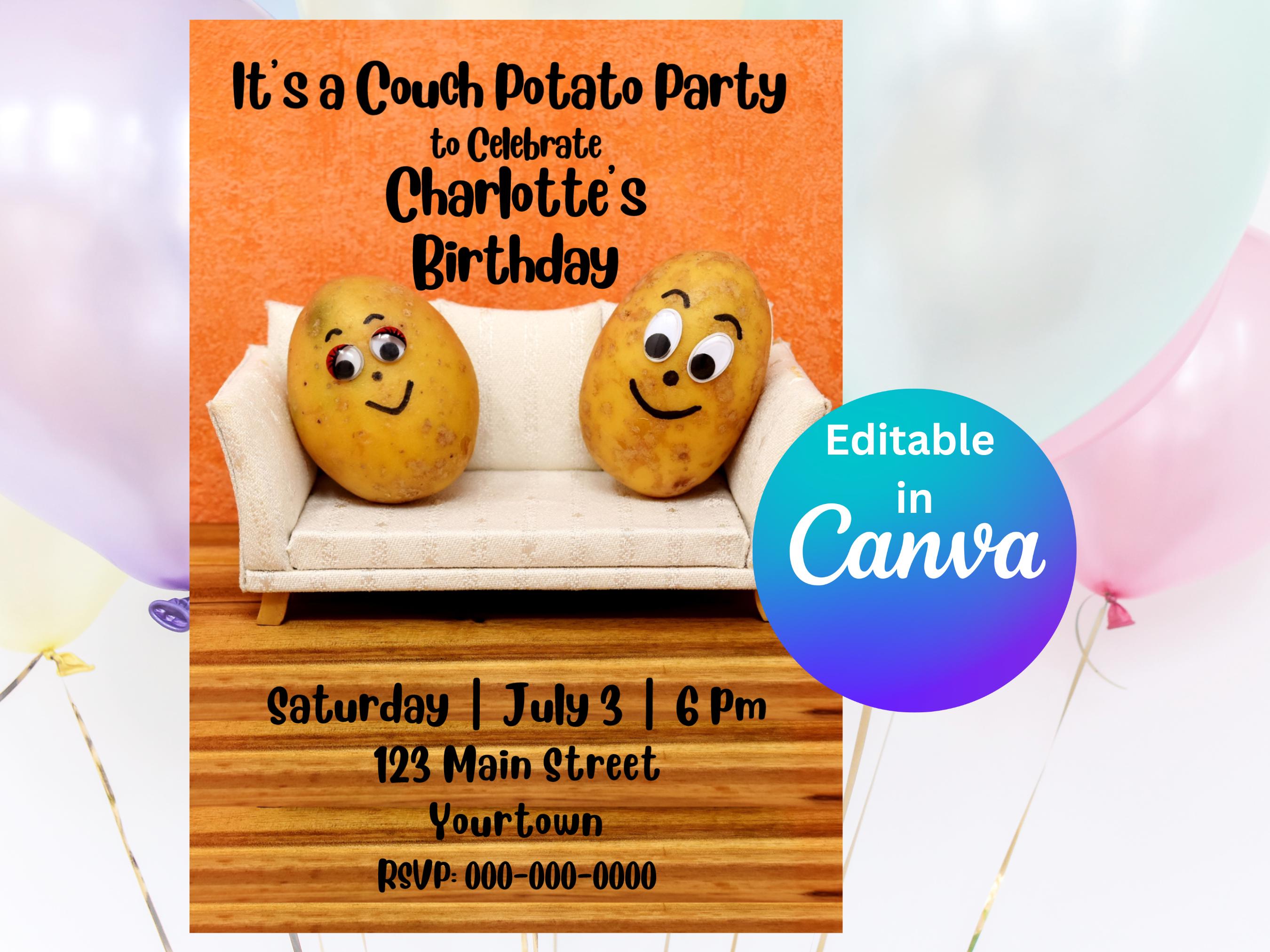 Couch Potato Birthday Party Invitation, Editable Canva Template ...
