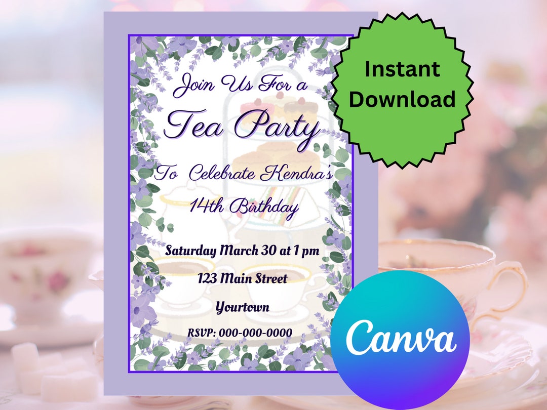 Tea Party Invitation, Editable Canva, Instant Digital Download, Print ...