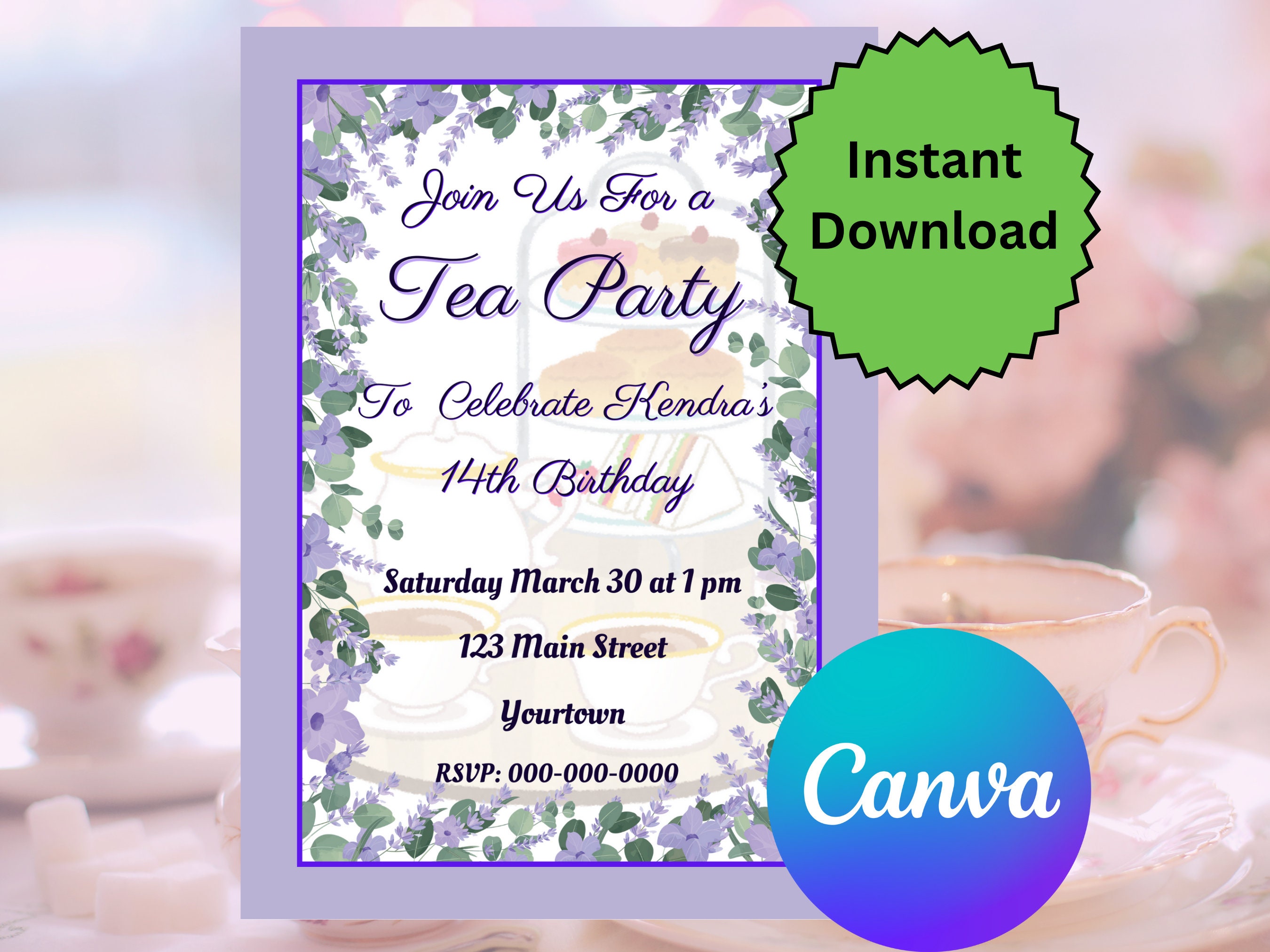 Tea Party Invitation, Editable Canva, Instant Digital Download, Print ...