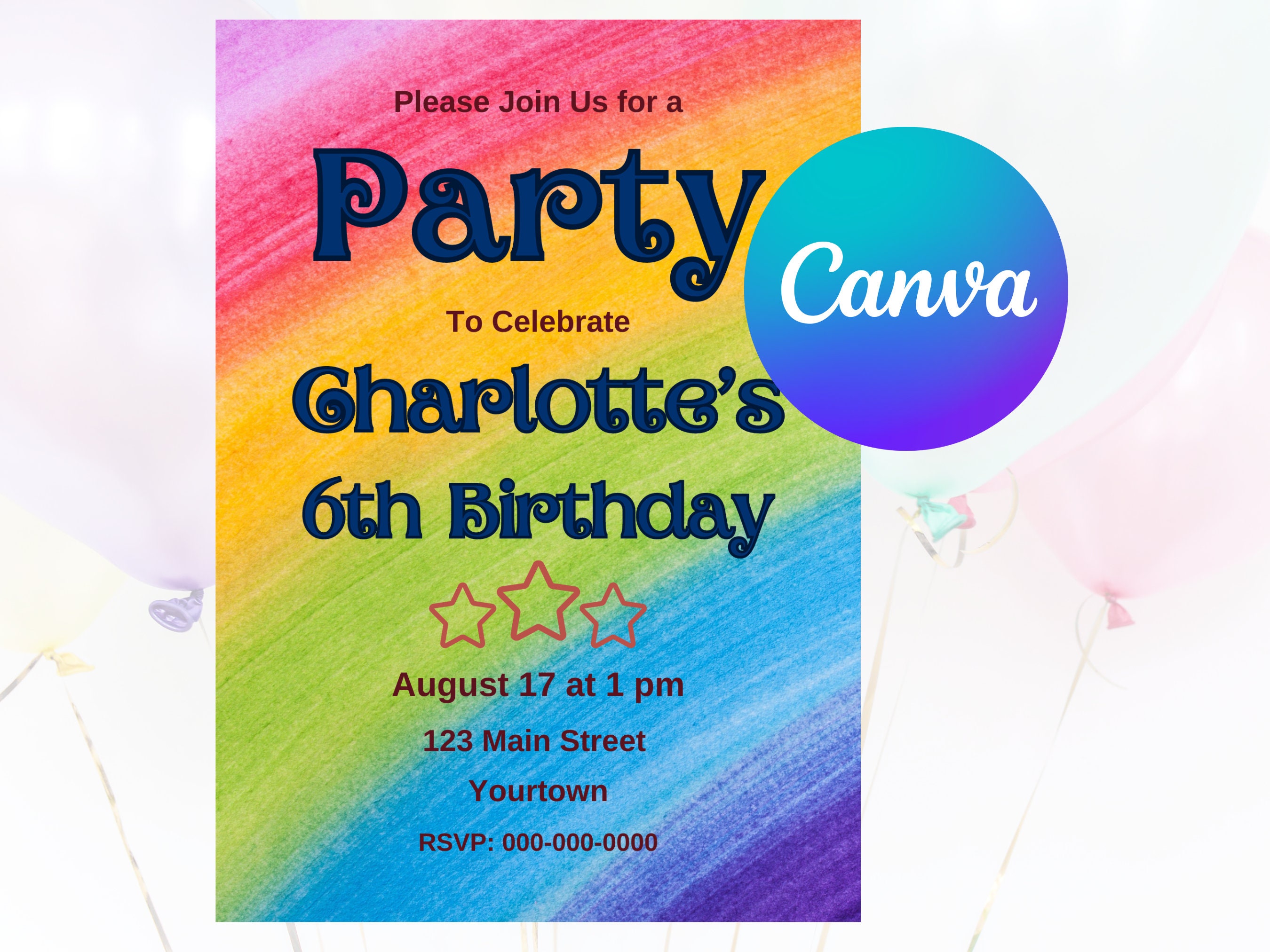 Rainbow Birthday Party Invitation, Editable Canva, Digital Download ...