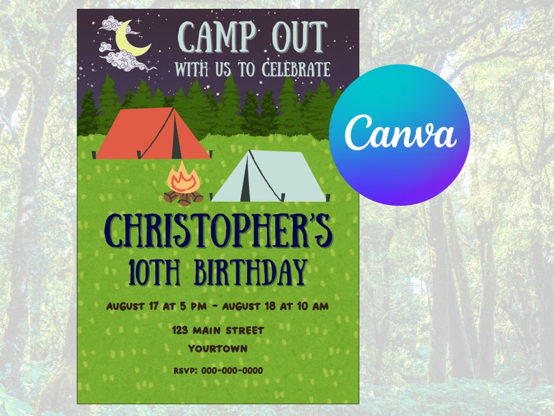 Camp Out Birthday Party Invitation, Editable Canva, Digital Download ...