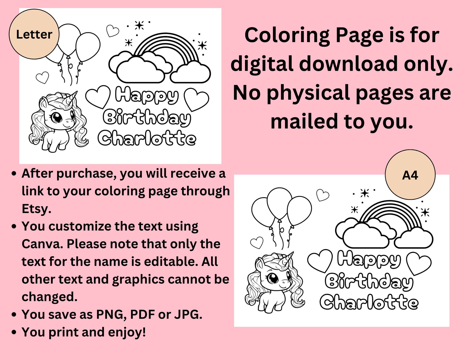 Happy Birthday Editable Coloring Page, Unicorn Rainbow, Digital ...