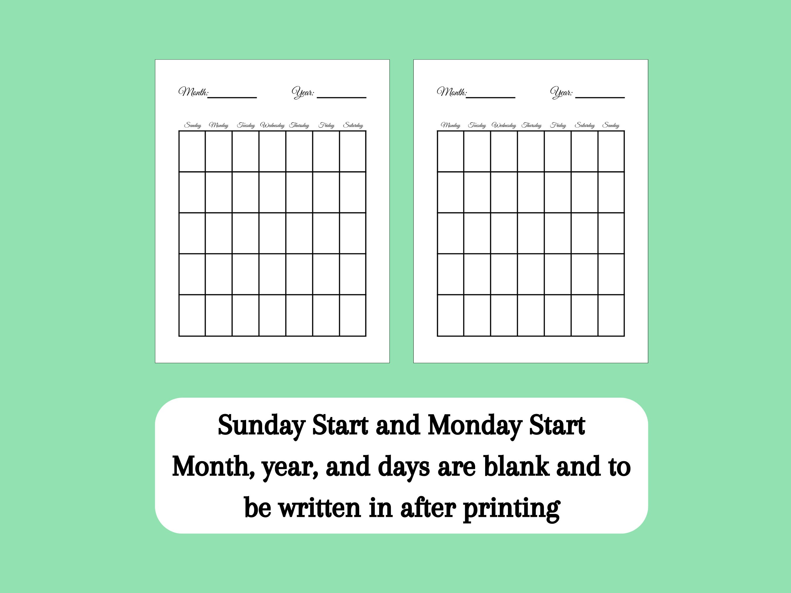 Printable Blank Calendar, Undated, Digital Download, Planner ...
