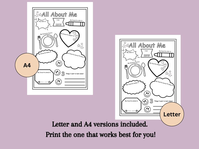 All About Me Worksheet, Printable Digital Download, Activity for Kids ...