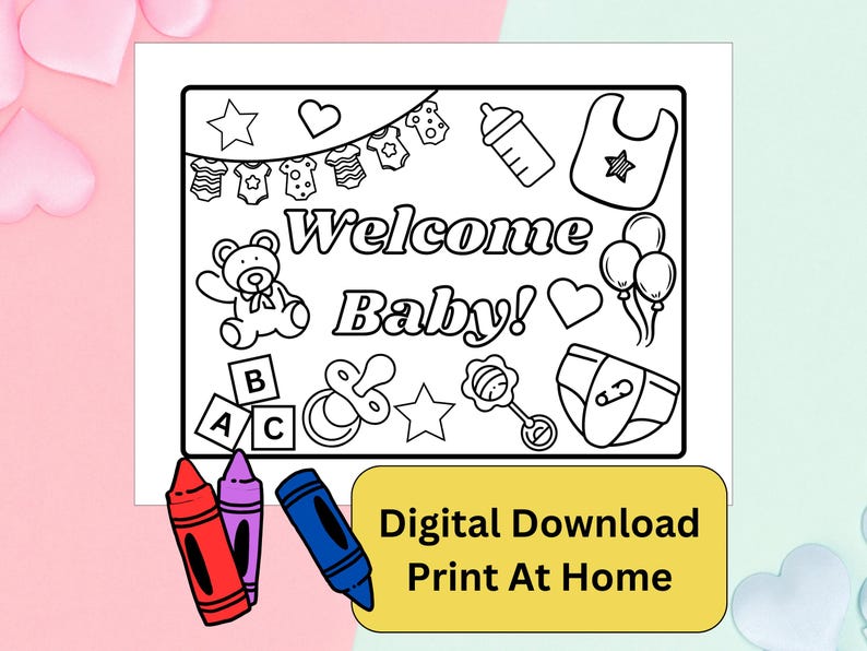Baby Shower Welcome Baby Coloring Page, Gender Reveal Party, Digital ...