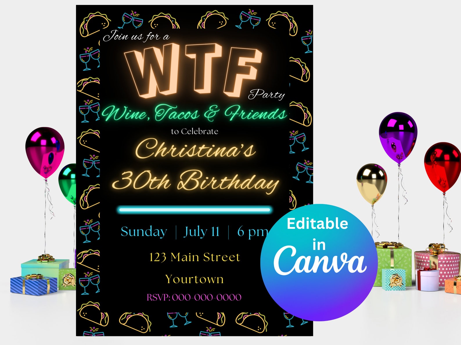 WTF Birthday Party Invitation, Wine Tacos Friends, Editable Canva ...