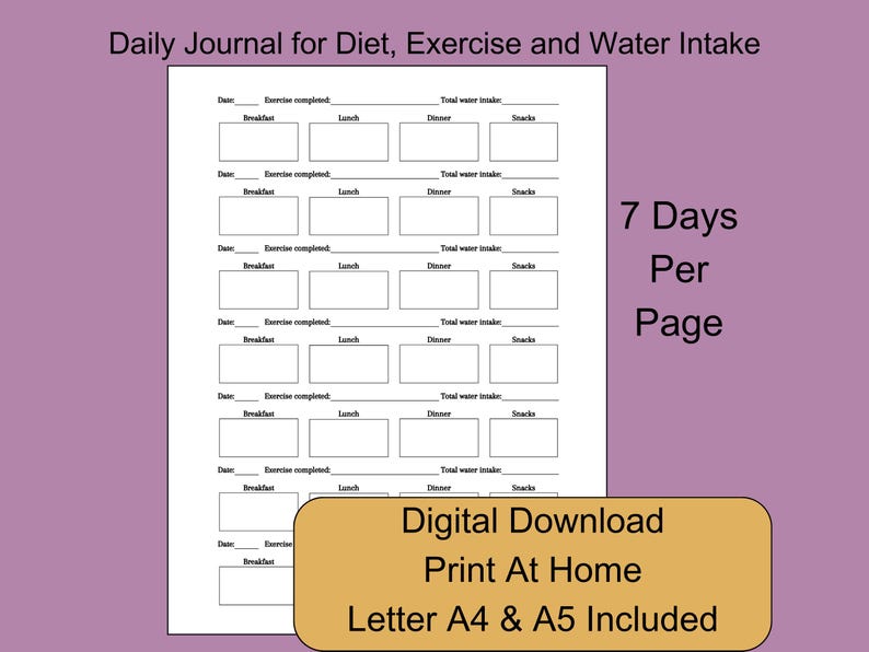 Weekly Diet & Exercise Journal, Printable Water Tracker (digital ...