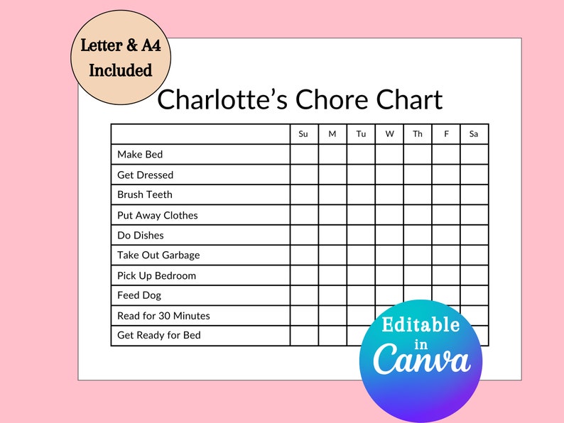 Chore Chart Editable, Printable, 7 Days, 10 Activities, Canva Template ...