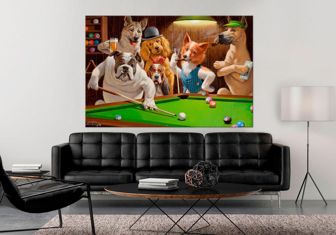Dogs Playing Pool Apartment Decor Funny Dog Billiard Wall Art Pool ...