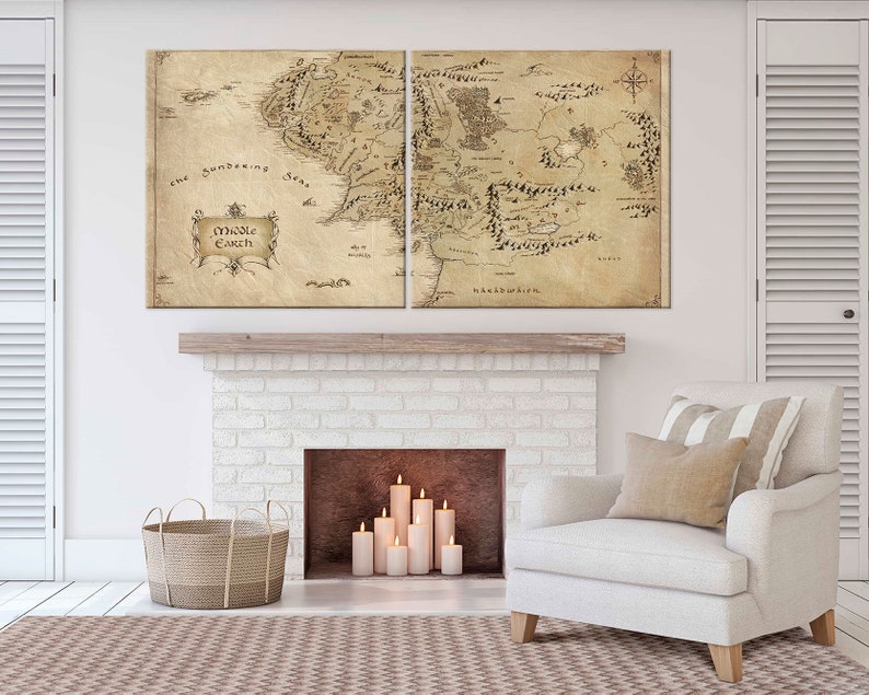 Middle Earth Map Canvas Nursery Decor Fantasy Map Print Hobbit Print ...