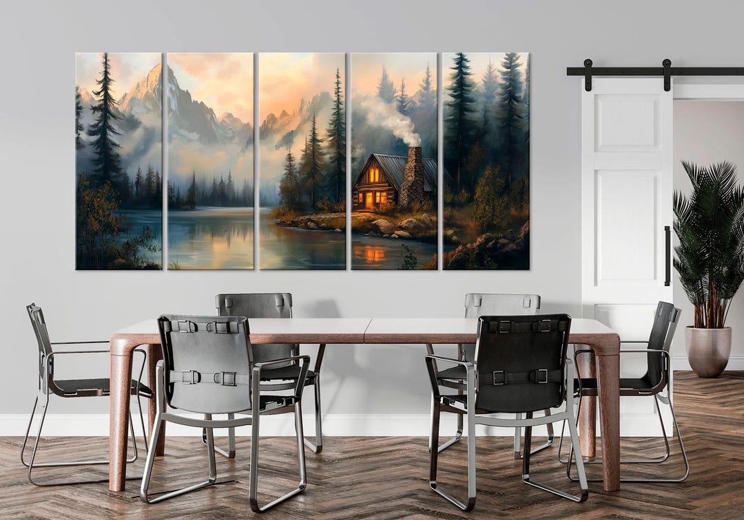 Mountain Cabin Canvas Print - Rustic Lakeside Log Cabin With Smoky ...
