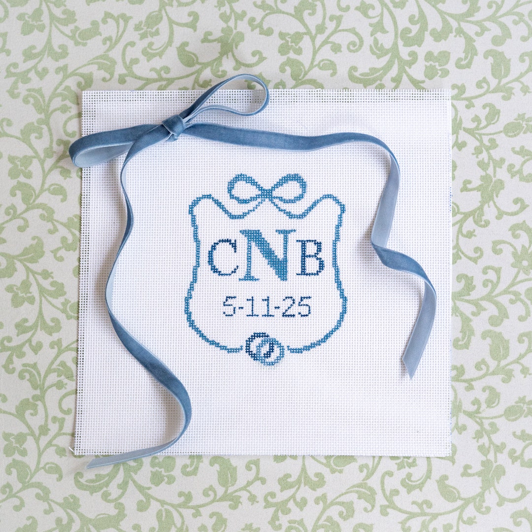 Monogram Bow Crest - Custom Needlepoint Canvas for Wedding, Baby, Birthday or Anniversary - Etsy