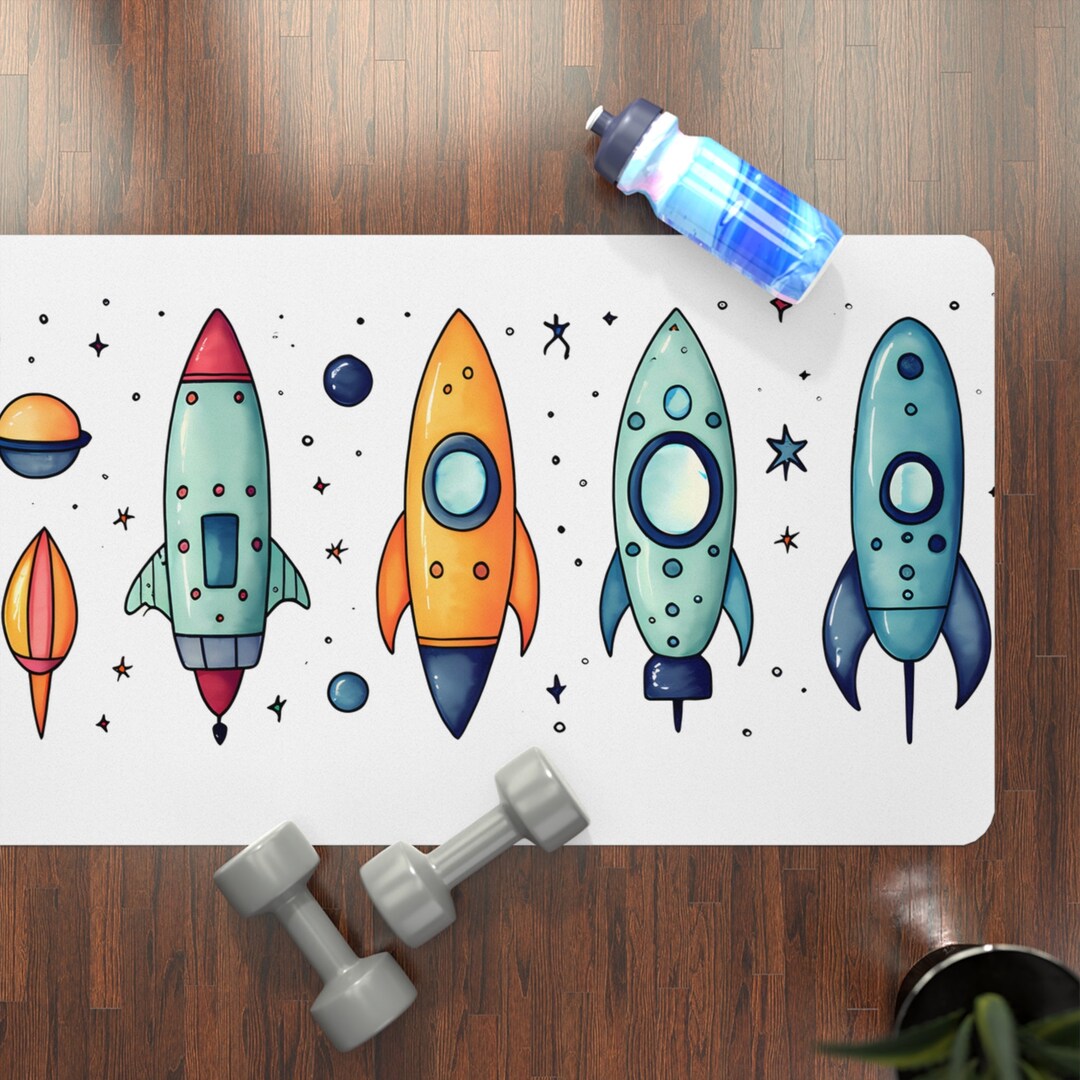 Yoga Mat With Space Rockets Illustration for Kids Kids Fun - Etsy