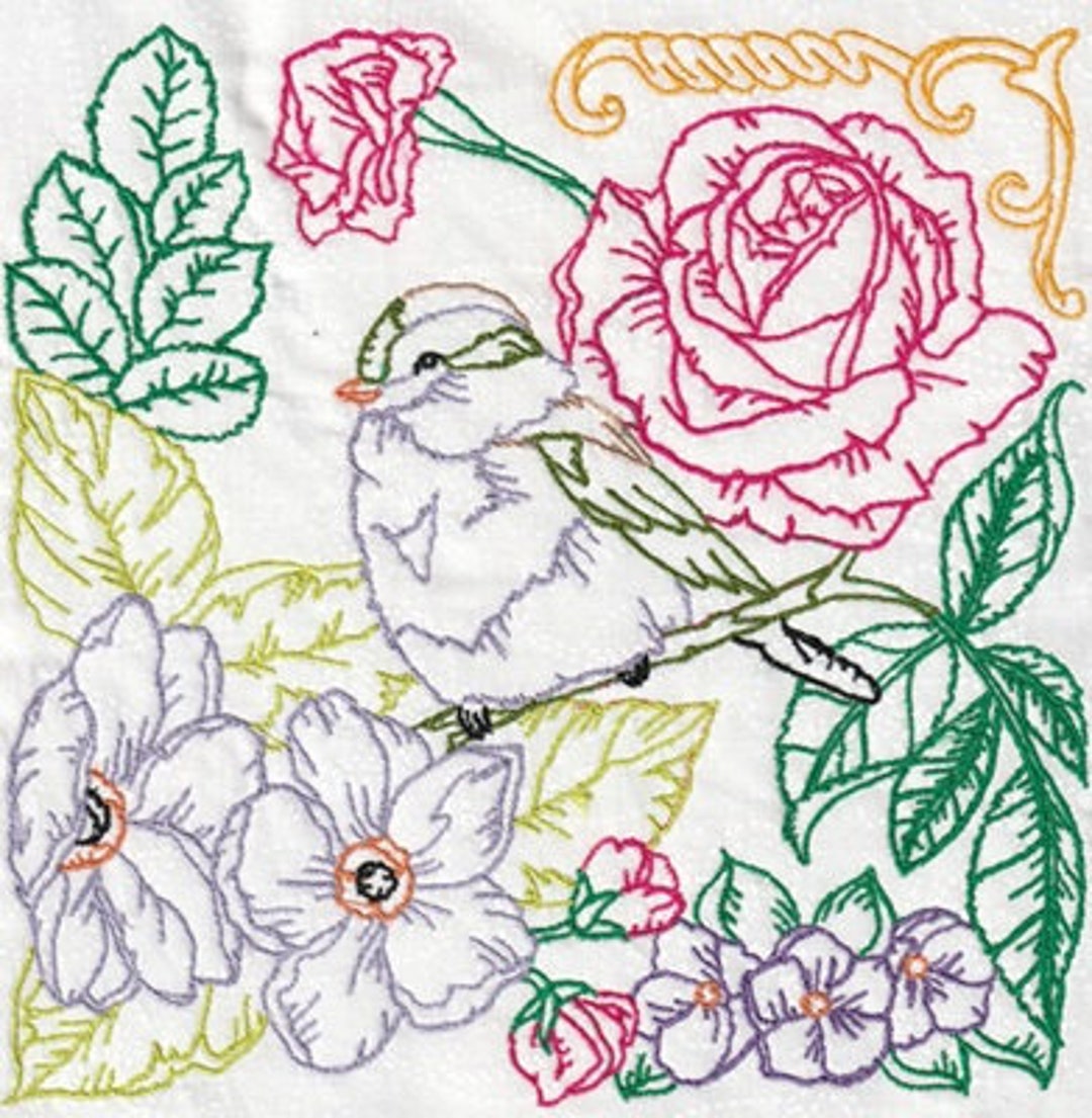Gorgeous Colourline Plus Redwork Bird Blocks,5 Designs of Each, 1 Size ...