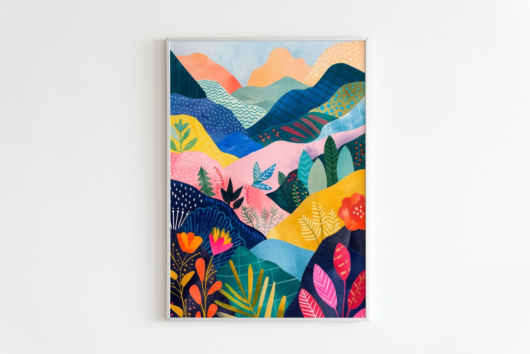 Colorful Mountain Landscape Poster, Abstract Floral Wall Art, Vibrant ...
