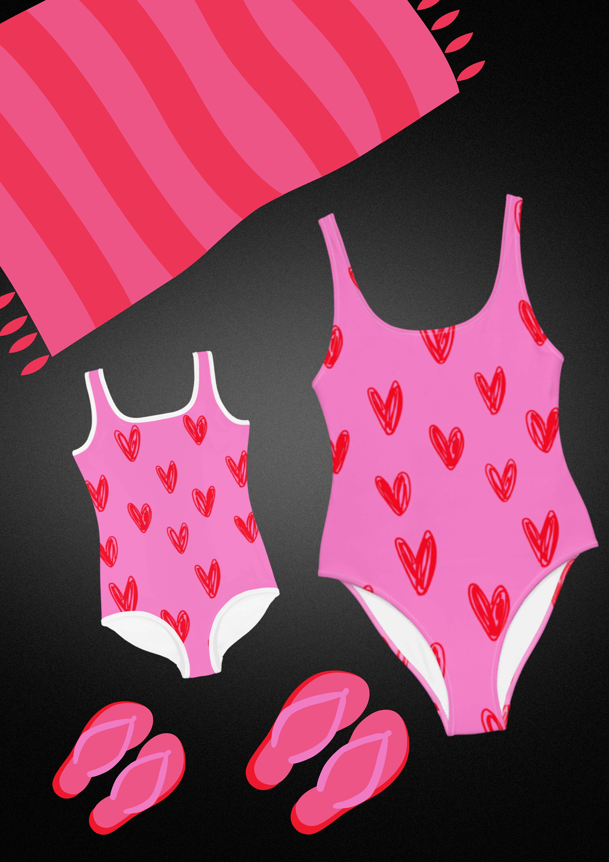 Red Hearts Matching One Piece Swimwear,matching Mom,mother and Daughter ...