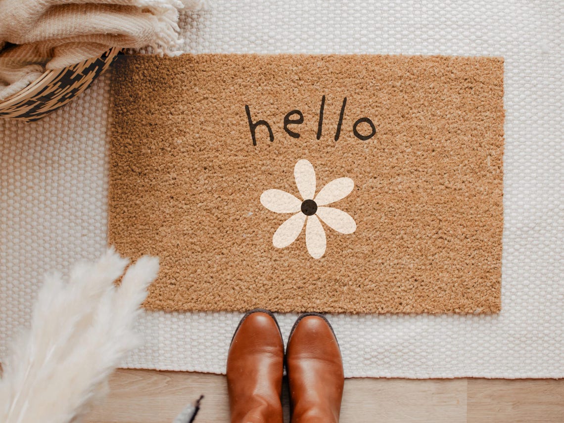 Hello Cute Daisy Doormat, Front Porch Mat, Coir Doormat, Farmhouse ...