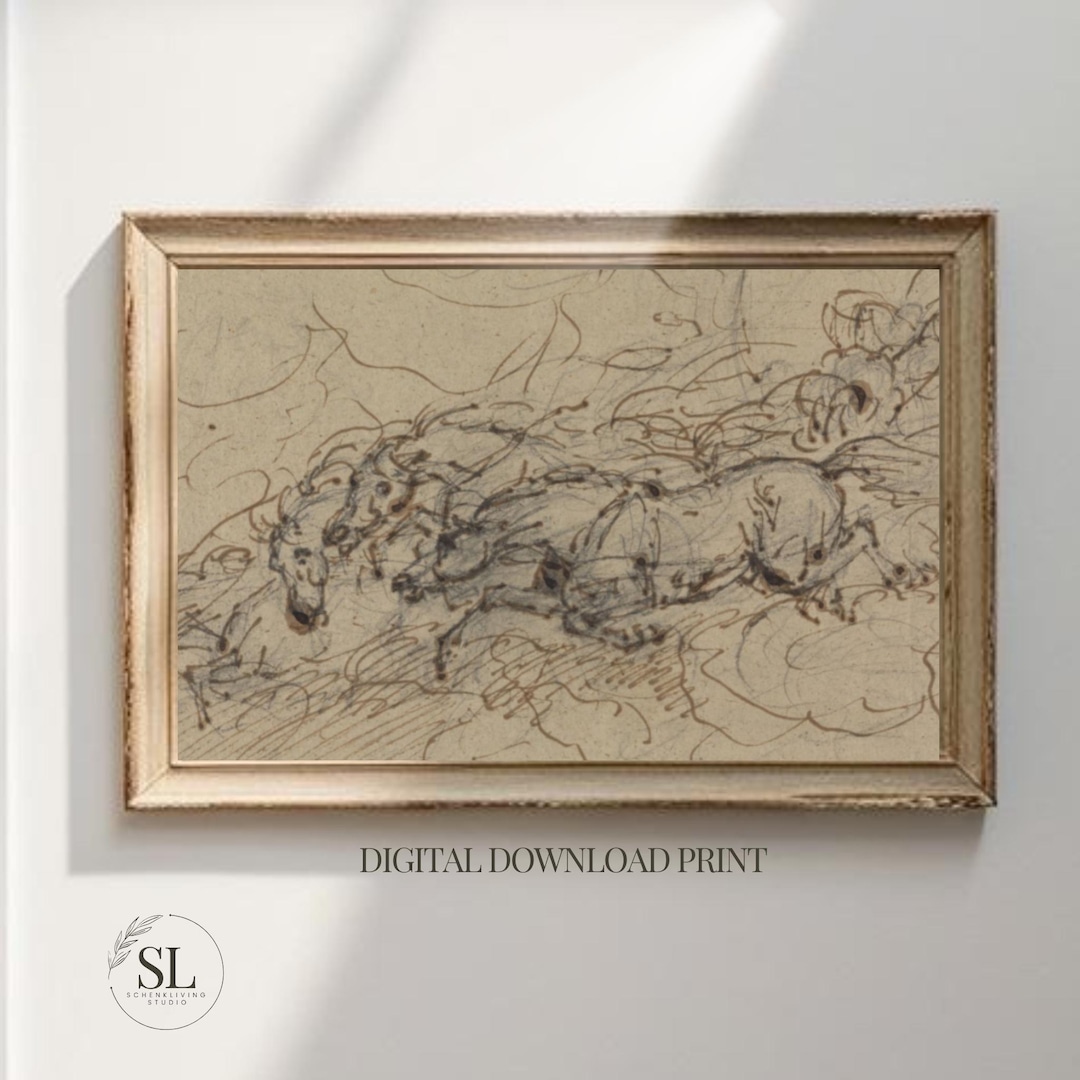Vintage Horse Sketch Print: Galloping Herd, Farmhouse Wall Art (digital ...