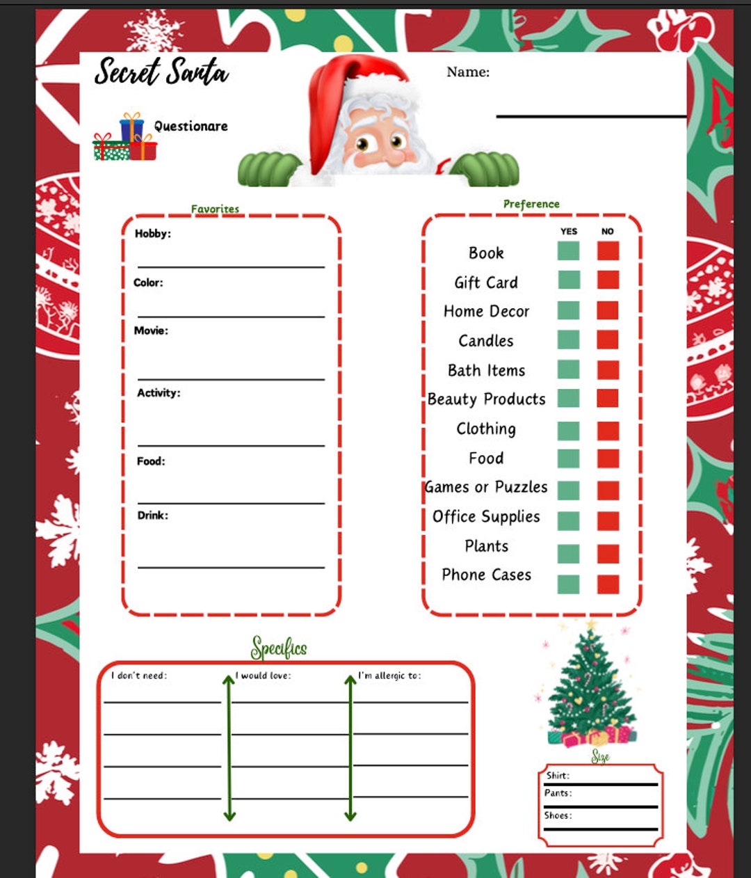Secret Santa Questionnaire PDF Printable - Etsy