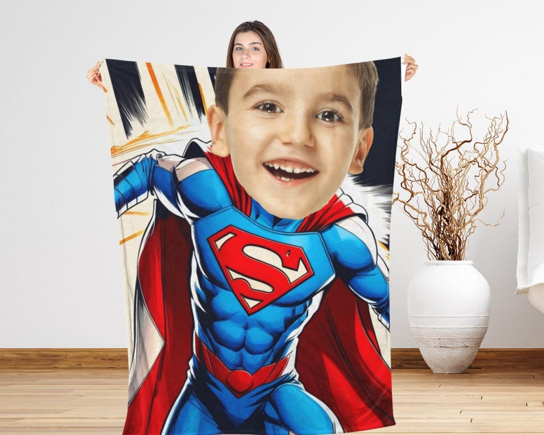 Custom Kids Face Superhero Design, Photo Blankets Custom Gift, Cozy ...