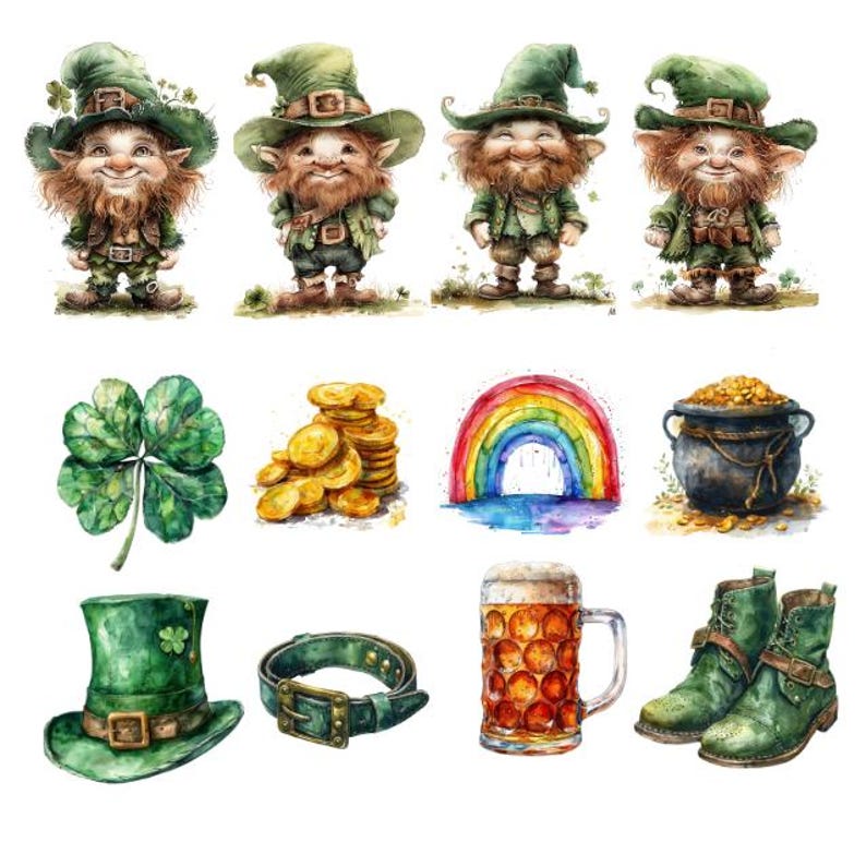 Hand Drawn Watercolor Leprechaun Clipart Bundle, St Patrick’s Day ...