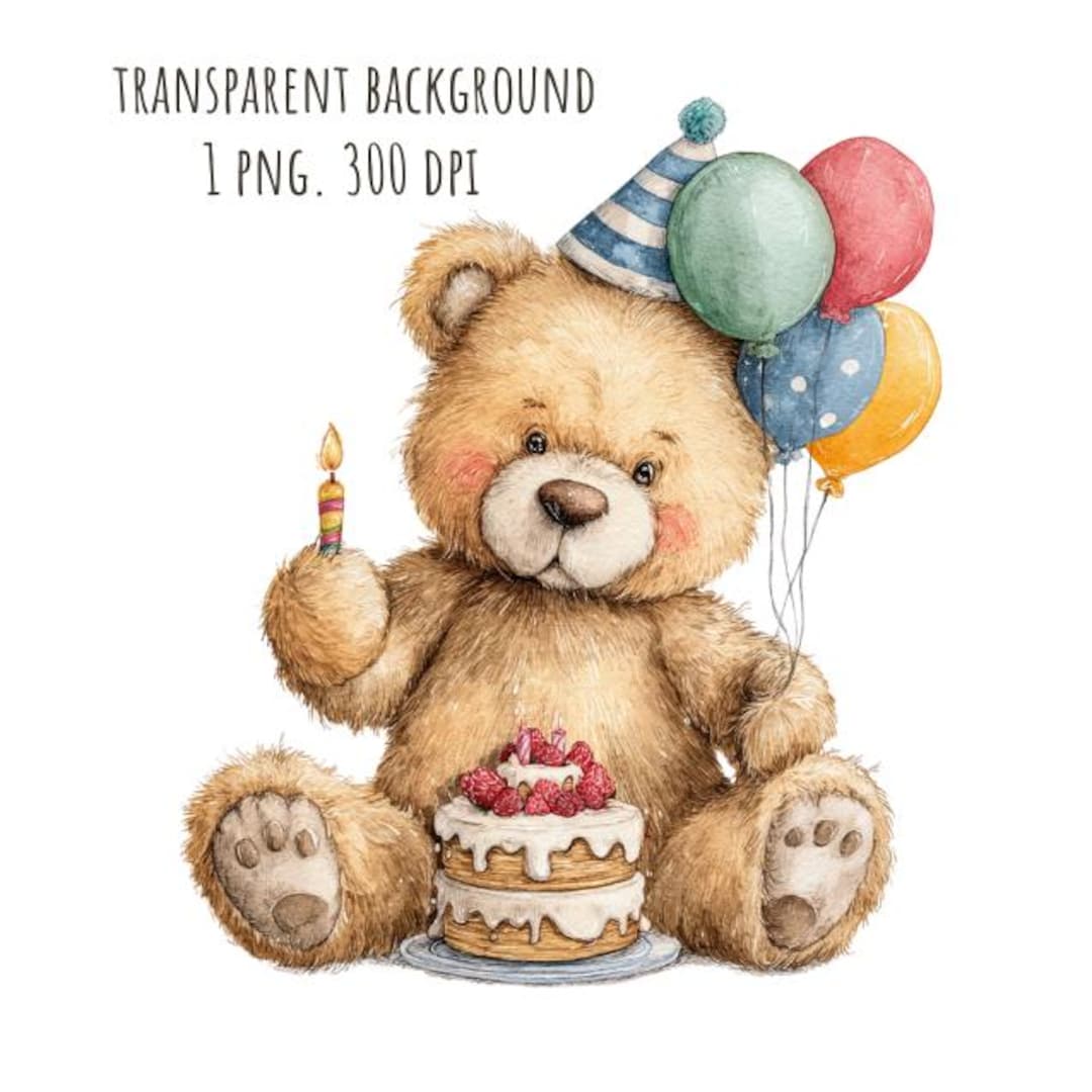 Teddy Bear Birthday Clipart, Watercolor Birthday Clip Art, Cute Bear ...