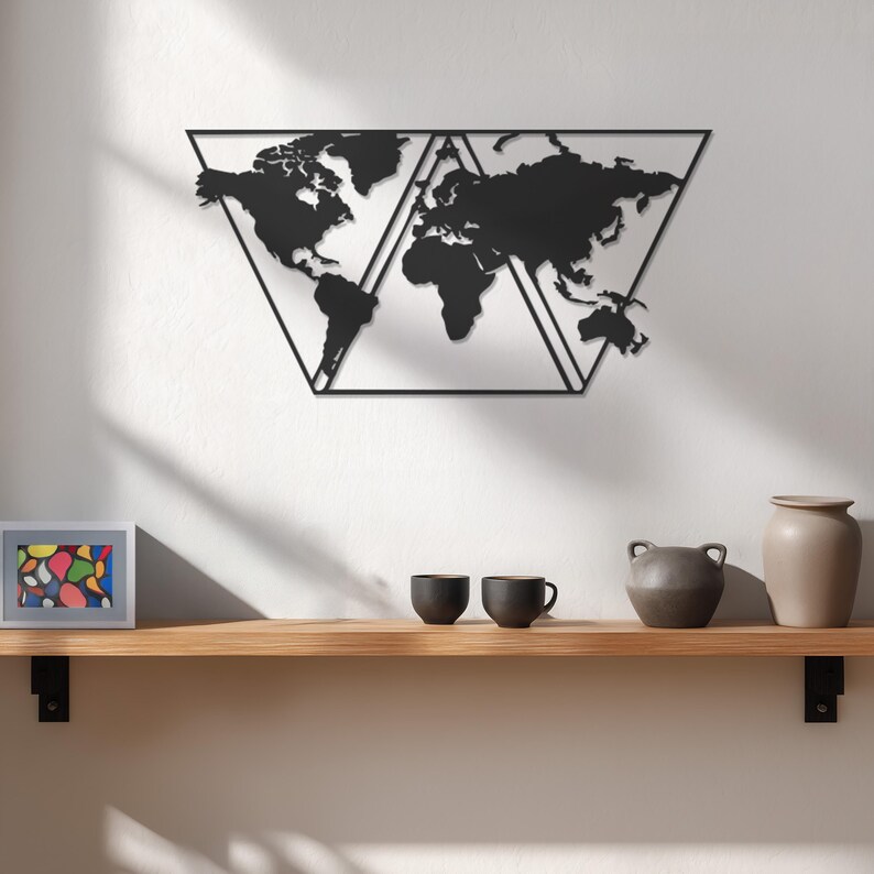 Geometric World Map Metal Wall Art – Modern Minimalist Continent Design ...