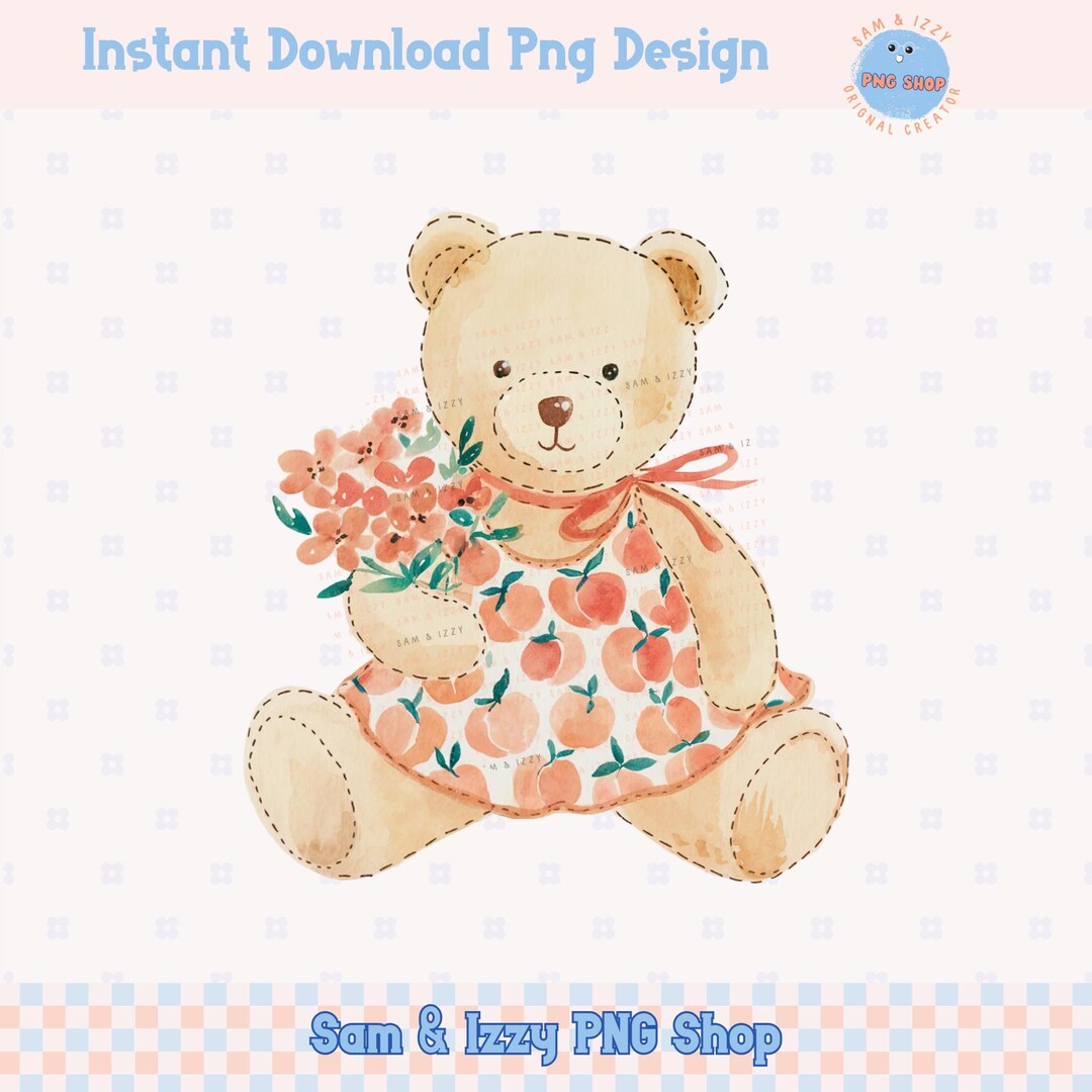 Cute Spring Peach Pattern Teddy Bear Png Sublimation Design Bear ...
