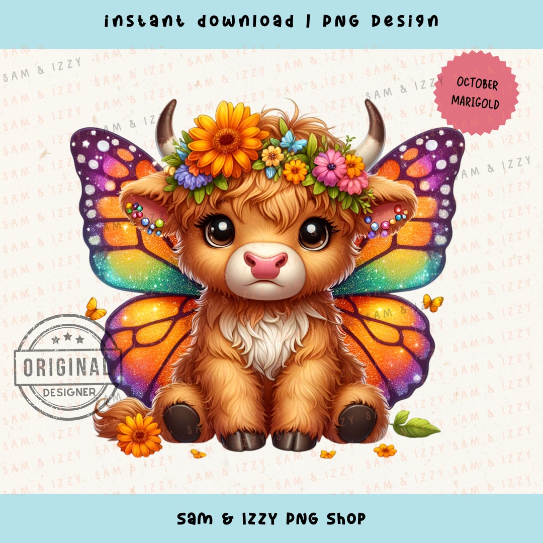 October Birthflower Highland Cow Png, Butterfly Png, Birth Month Flower ...