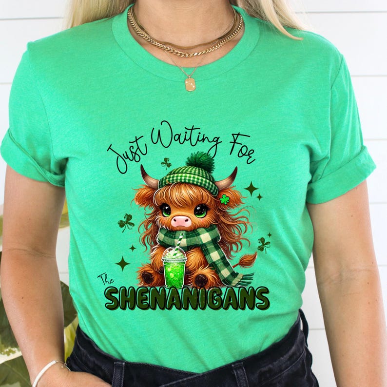 Just Waiting for the Shenanigans PNG, St Patrick’s Day Highland Cow ...