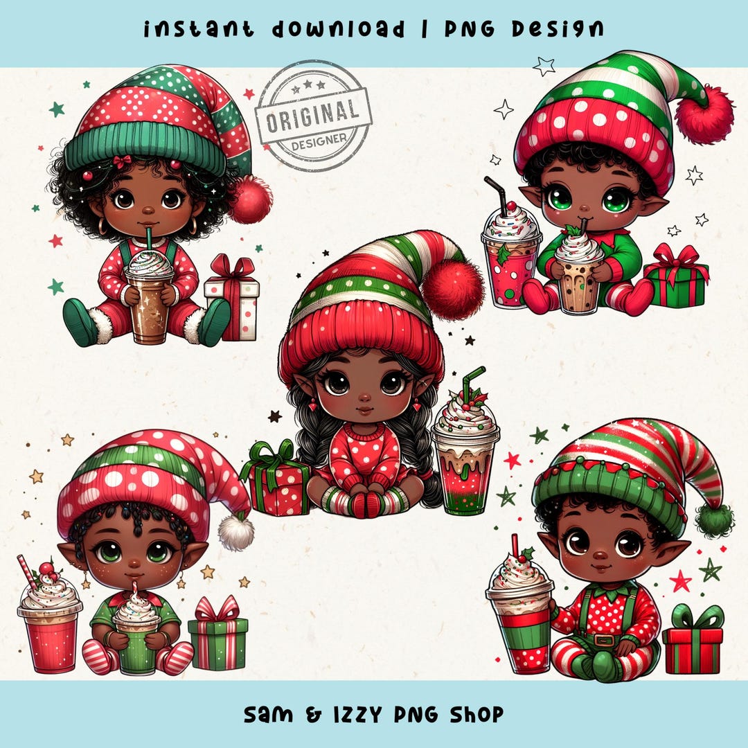 Cute African American Christmas Elf Bundle, Festive Elves and Coffee ...