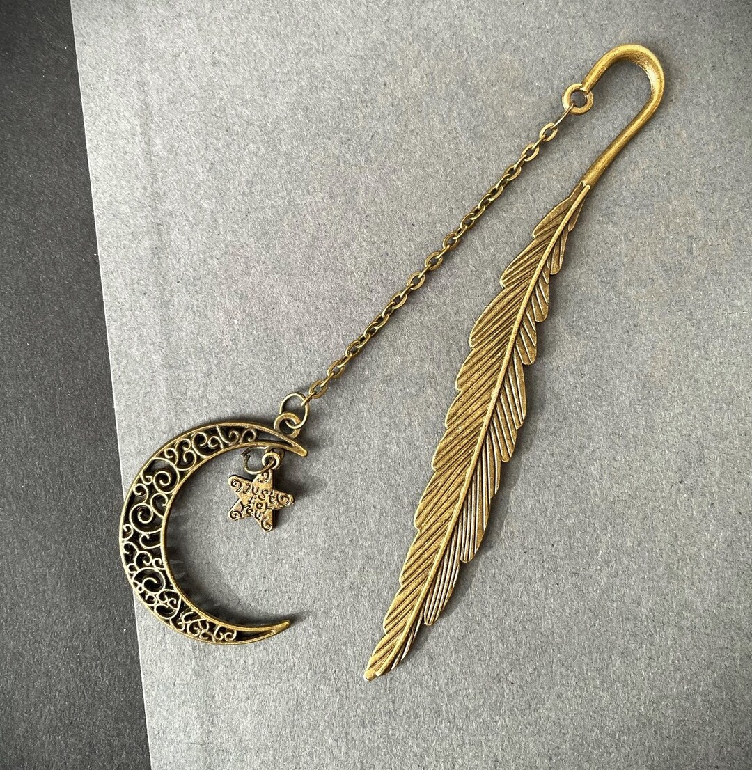 Vintage-style Metal Bronze Feather Bookmark With Hanging Crescent Moon ...