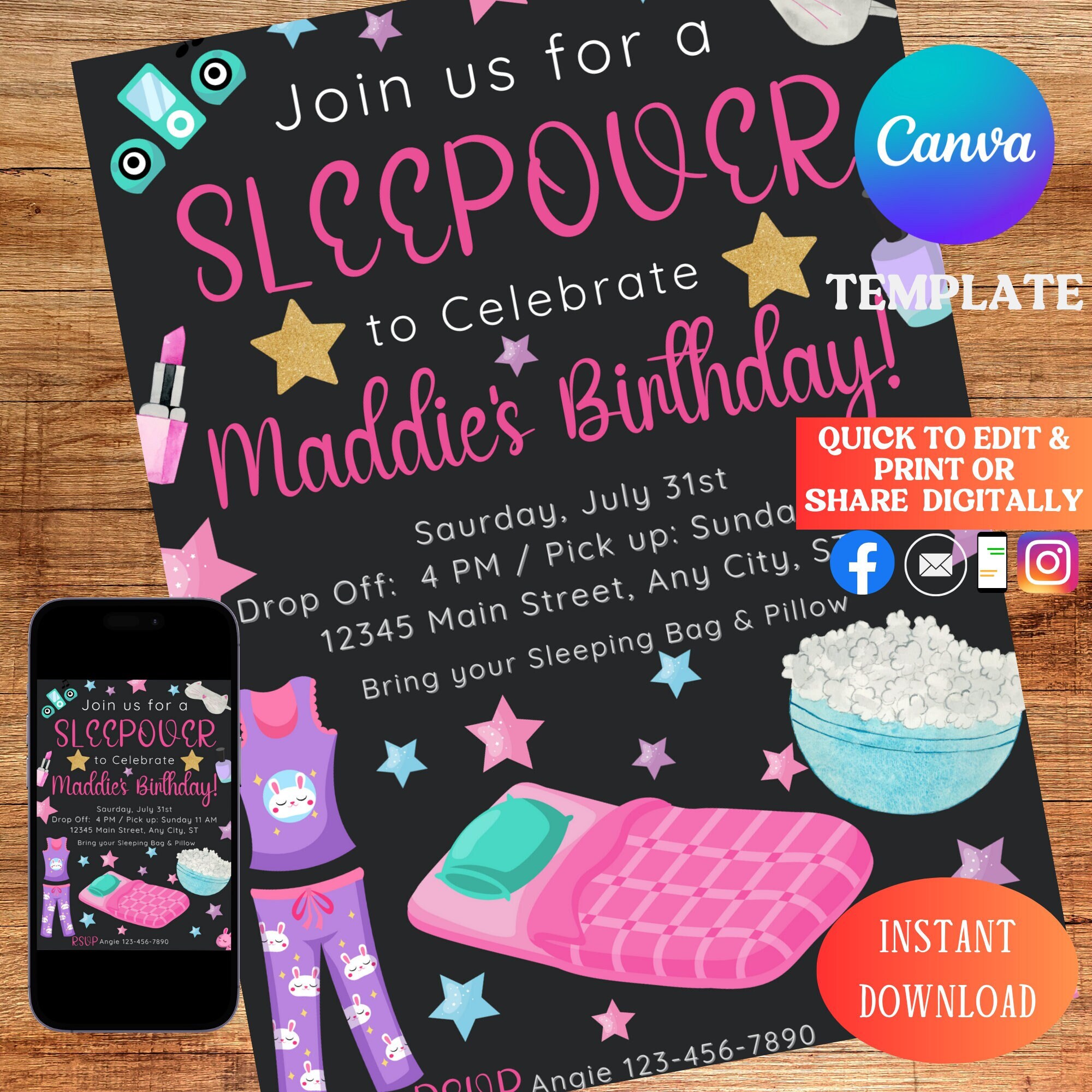 Pajama Party Birthday Invitation Digital PJ Party Evite Bday Invites ...
